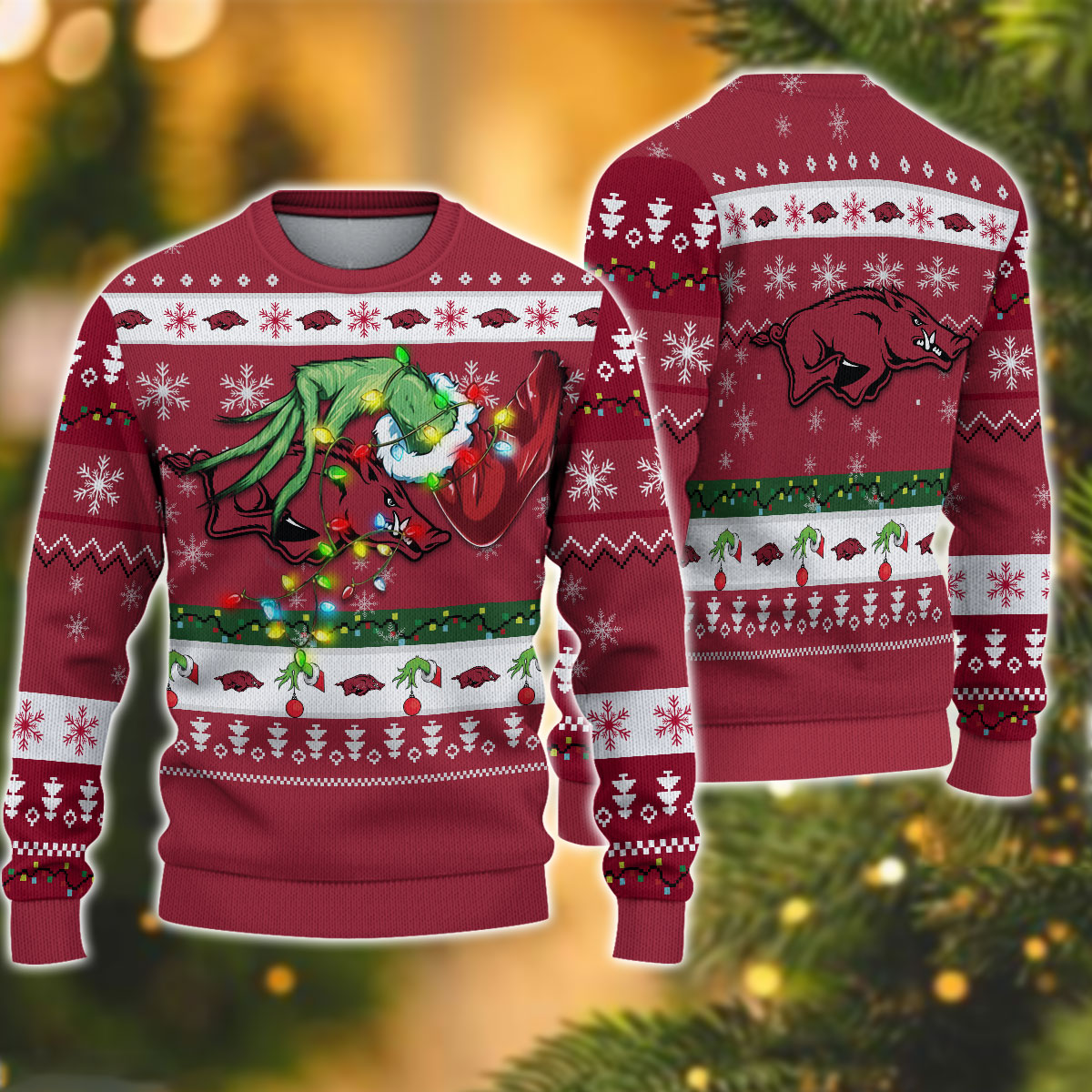 NCAA Arkansas Razorbacks Grinch Christmas Ugly Sweater - bottexbabe